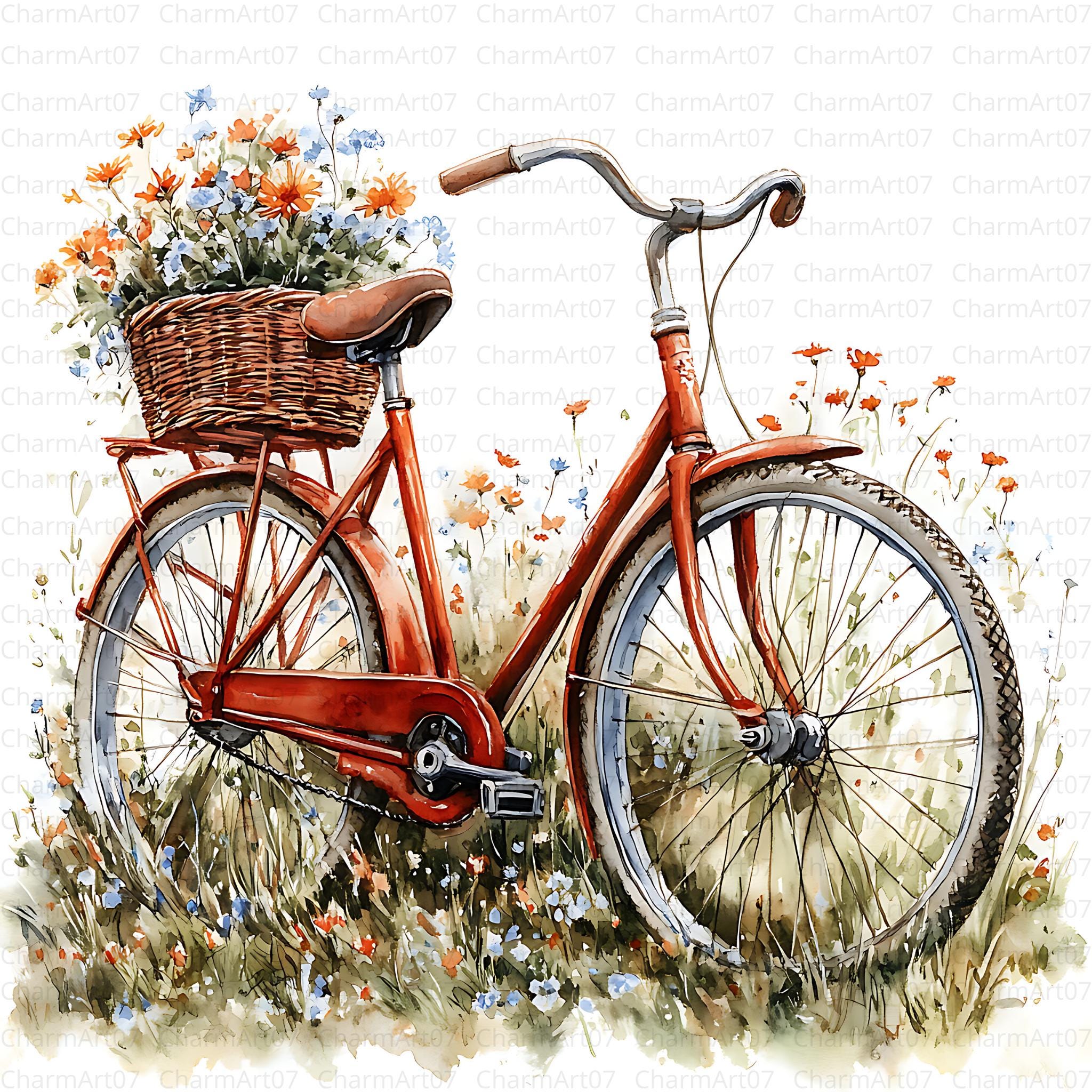 18 Vintage Floral Bicycle Clipart, Floral Bicycle, Printable Watercolor ...