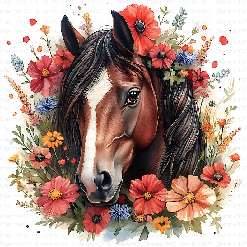 26 Floral Horse Face Clipart, Printable Watercolor Clipart, High ...