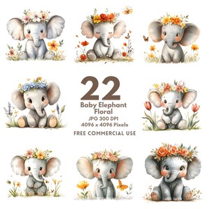 22 Baby Elephant Floral Clipart, Printable Watercolor Clipart, High ...