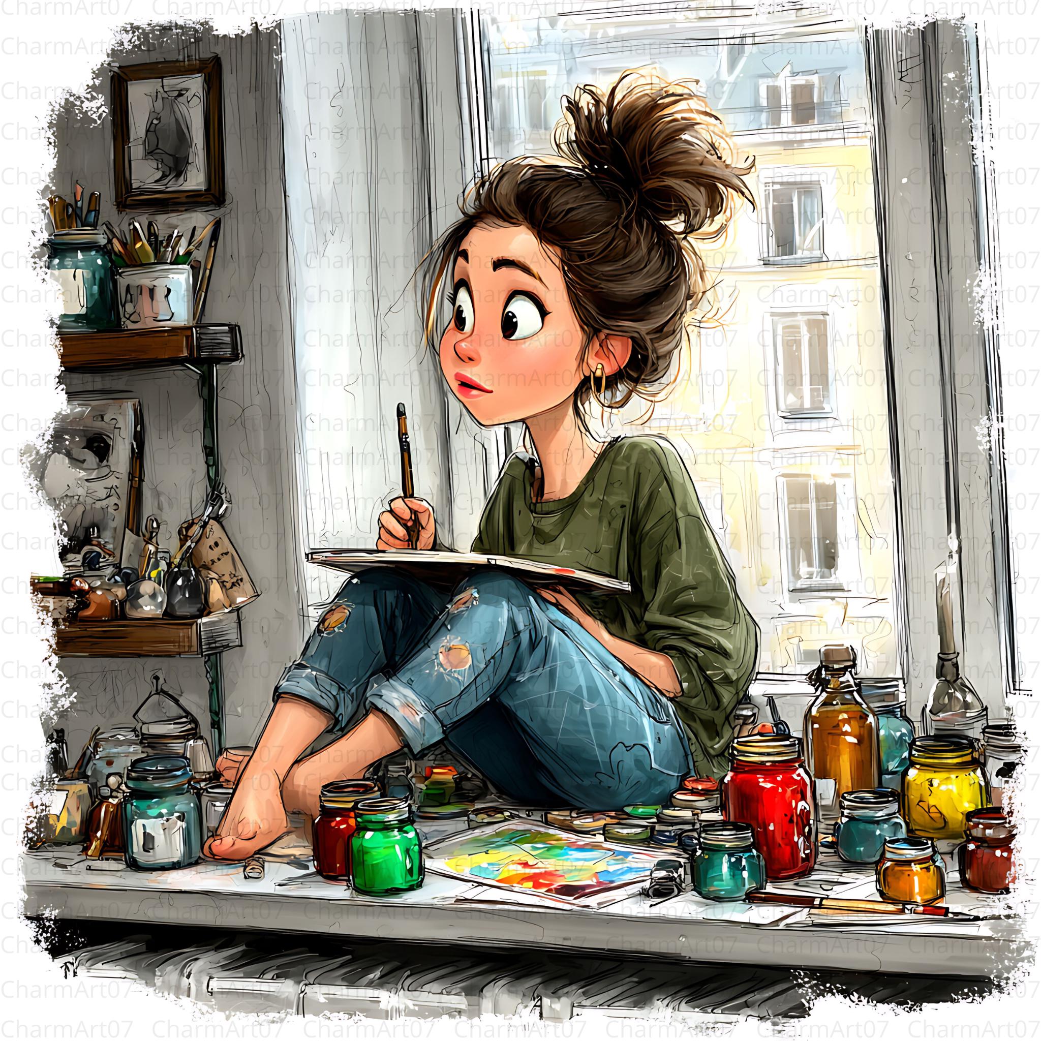 Whimsical Artist Girl Clipart: Watercolor Style (digital Download) - Etsy
