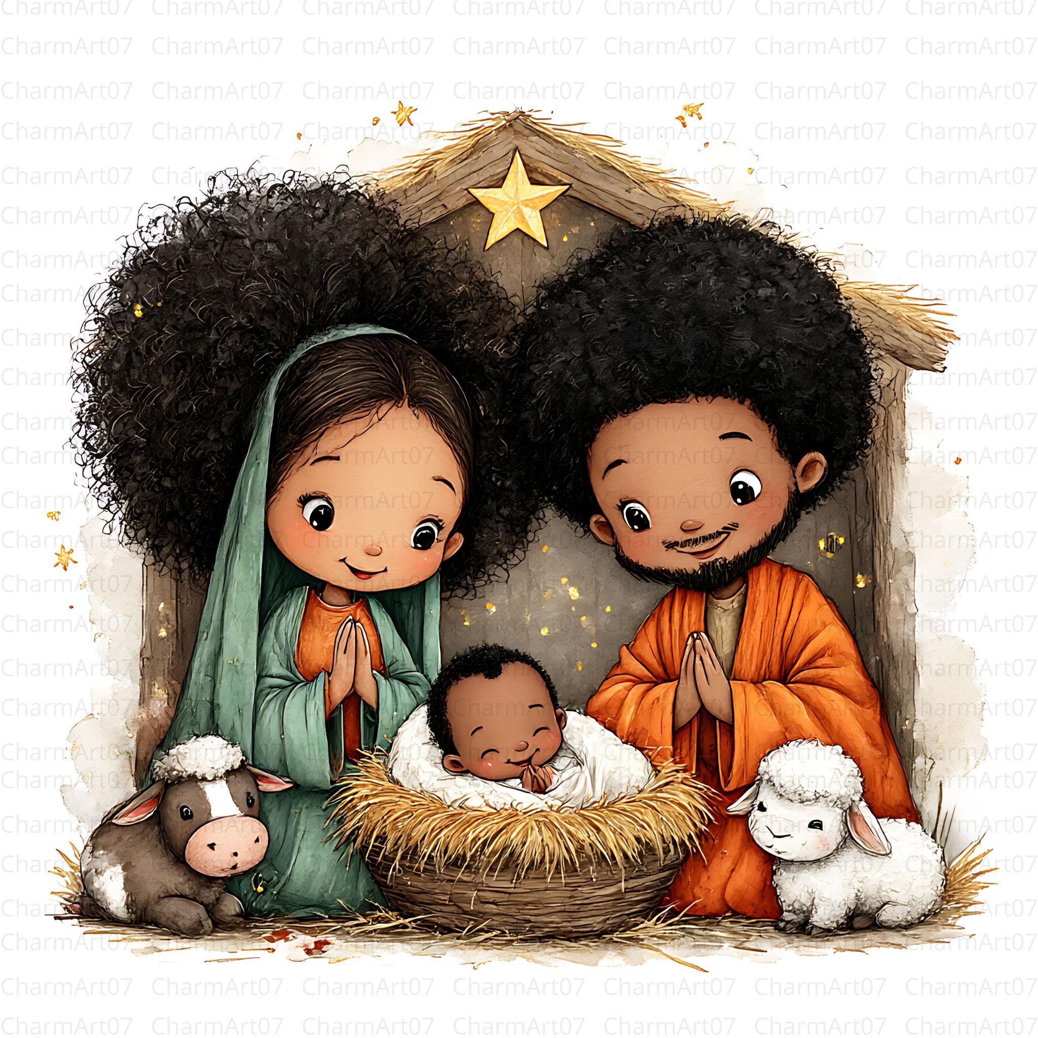 African American Nativity Watercolor Clipart: Christmas Scenes (digital ...