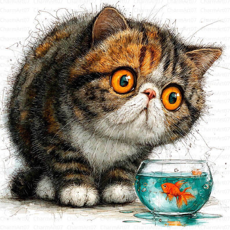 Whimsical Cat and Fish Clipart: Watercolor Kitten Art (digital Download ...