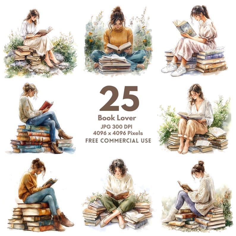 25 Book Lover Clipart, Watercolor Girl Reading on Books, Literary Art ...