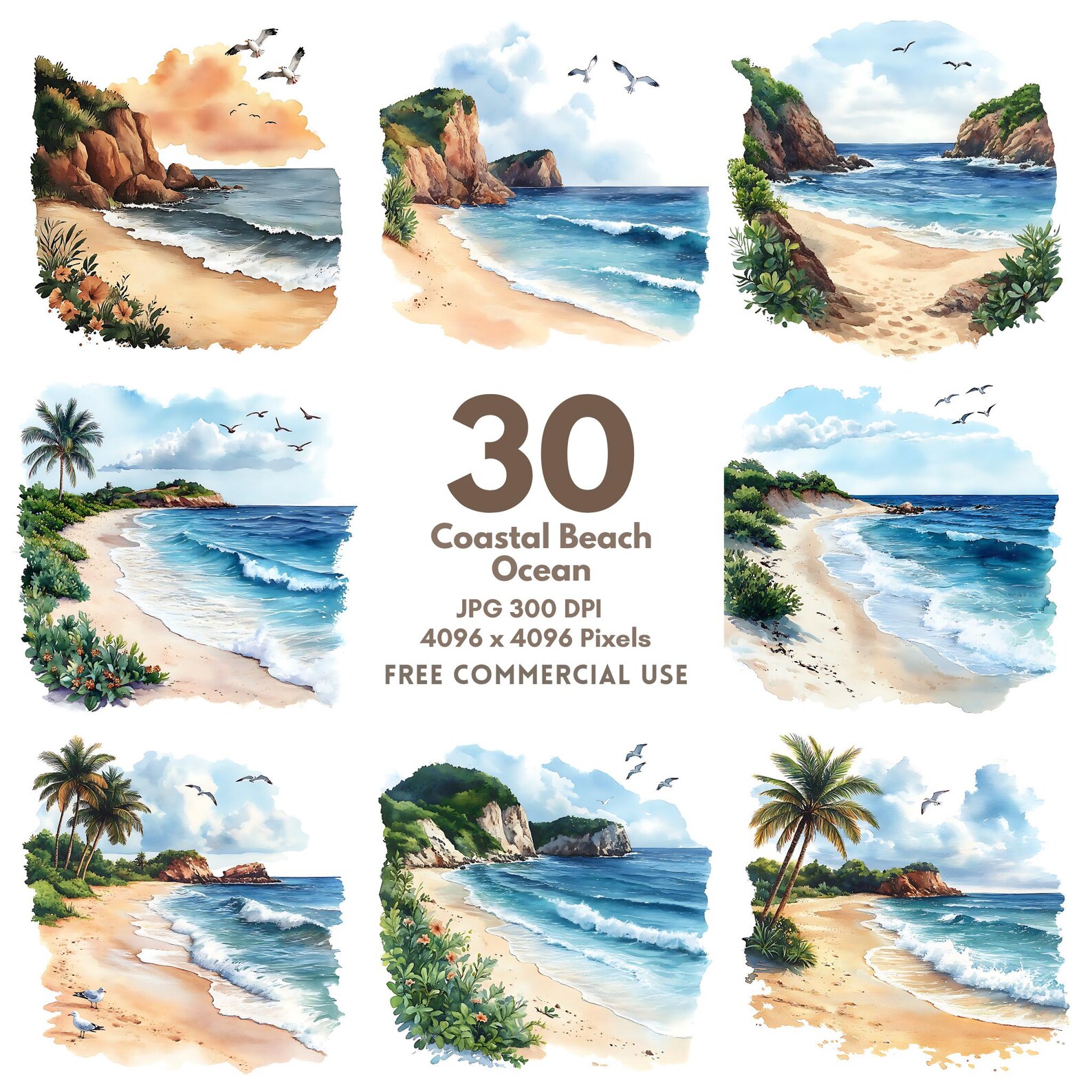 30 Coastal Beach Ocean Clipart, Sea Clipart, Printable Watercolor, High ...