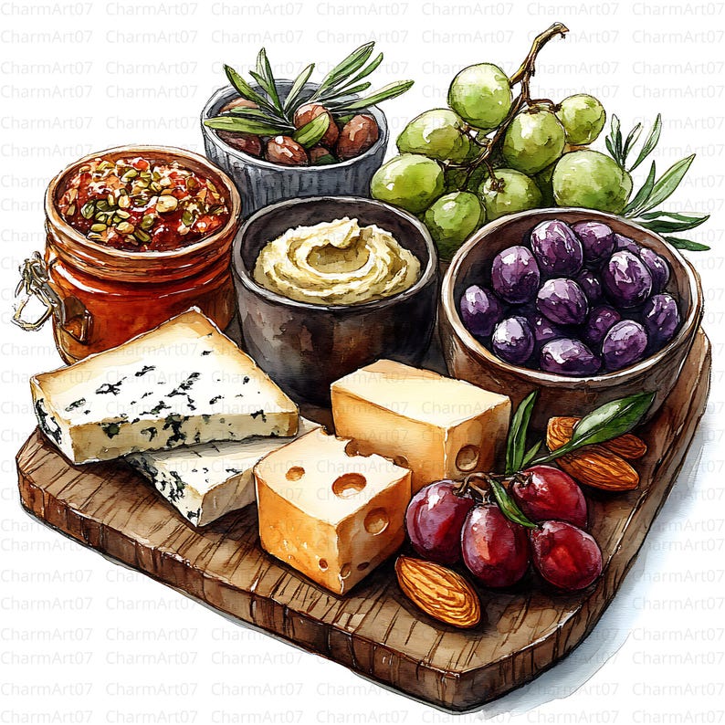 Cheese Plate Watercolor Clipart: Gourmet Charcuterie Art (JPG) - Etsy