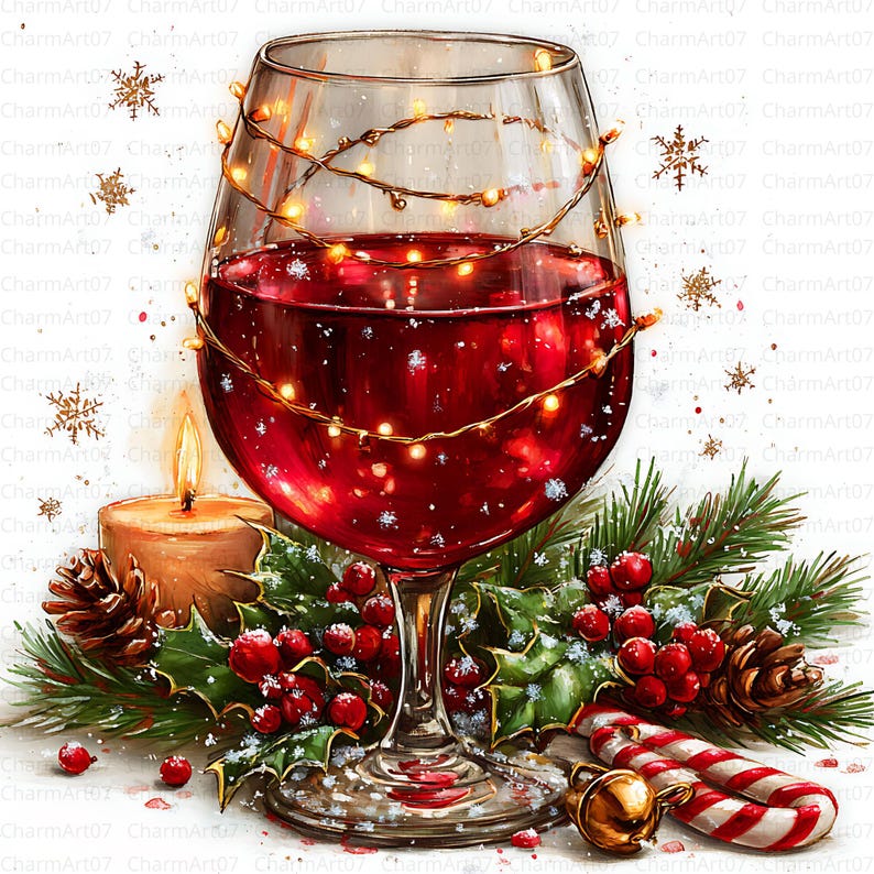 Christmas Wine Clipart, Festive Watercolor Art (JPG) - Etsy