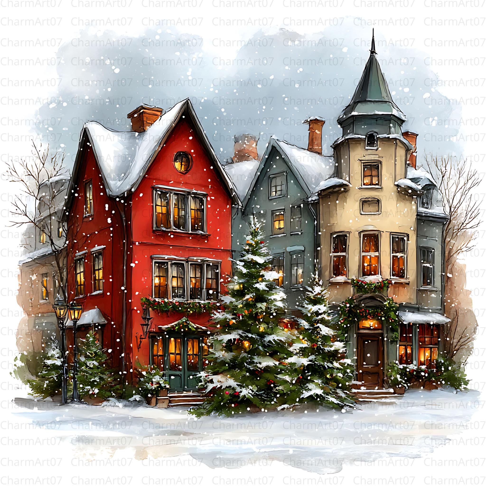 Christmas Village Clipart, Watercolor Holiday Art (digital Download) - Etsy