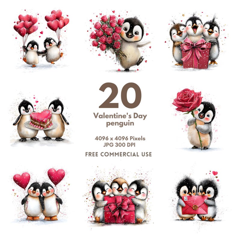 20 JPG Cute Penguins Valentine Clipart , Love Penguin JPG Set , Hearts ...