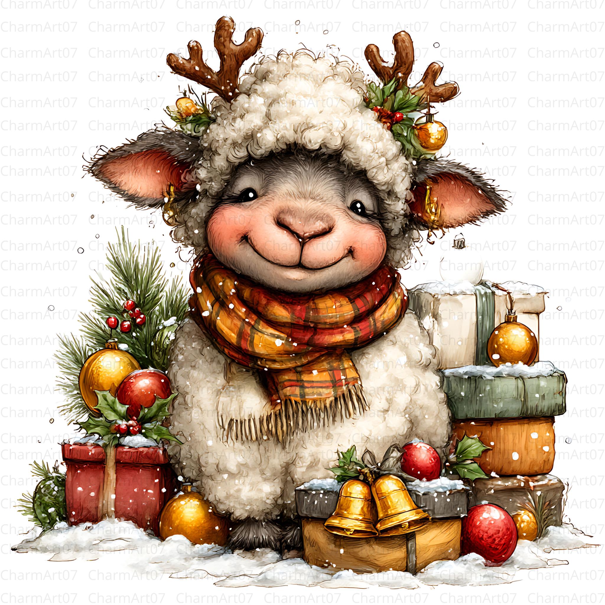 20 Funny Christmas Sheep Clipart Bundle: Watercolor JPG (digital ...