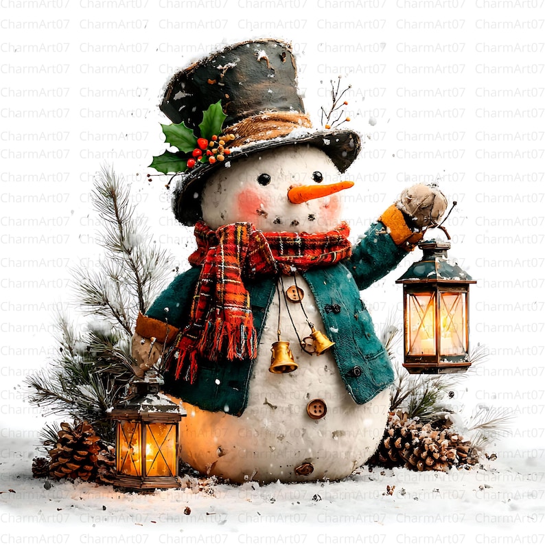 Vintage Christmas Snowman Clipart Bundle: Retro Watercolor Art (digital ...