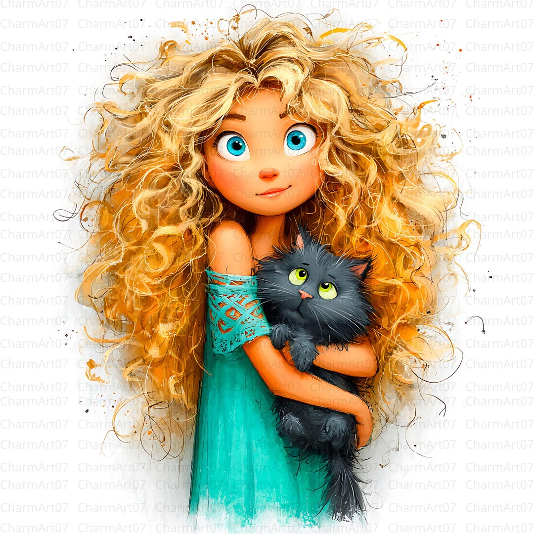 Quirky Girl With Cat Clipart, 18 Girl Cat Clipart, Quirky Girls, Cute ...