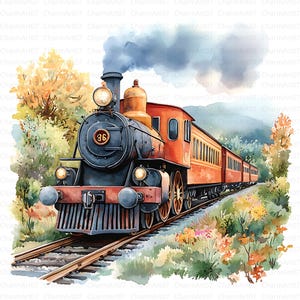 30 Locomotives Clipart, Antique Train, Steamtrain, Printable Watercolor ...
