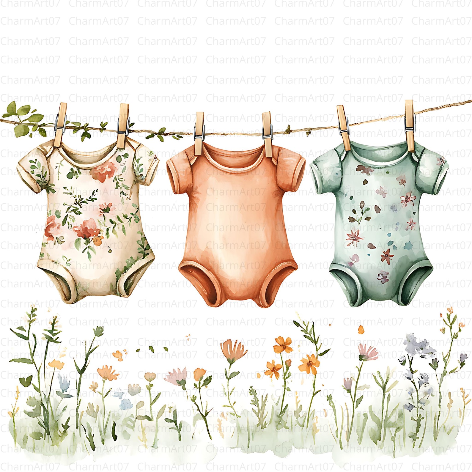 30 Baby Clothes Line Clipart Watercolor, Newborn Clothesline Clipart ...