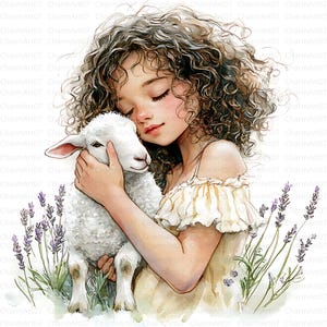 16 Cute Girl With Sheep, Lamb Watercolor High Quality JPG, Printable ...