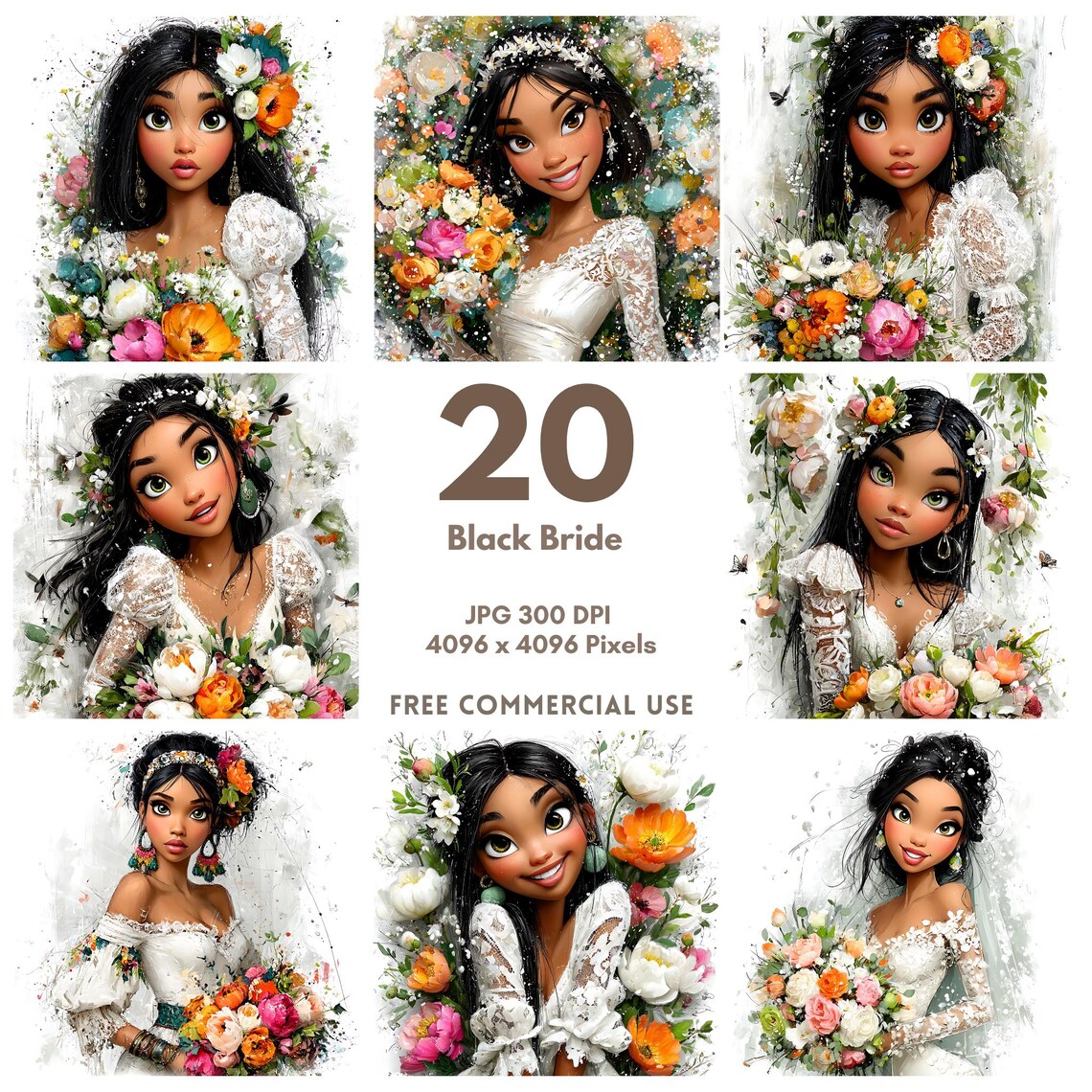 Watercolor Black Bride Clipart Bundle: Wedding Girl Illustrations (JPG ...