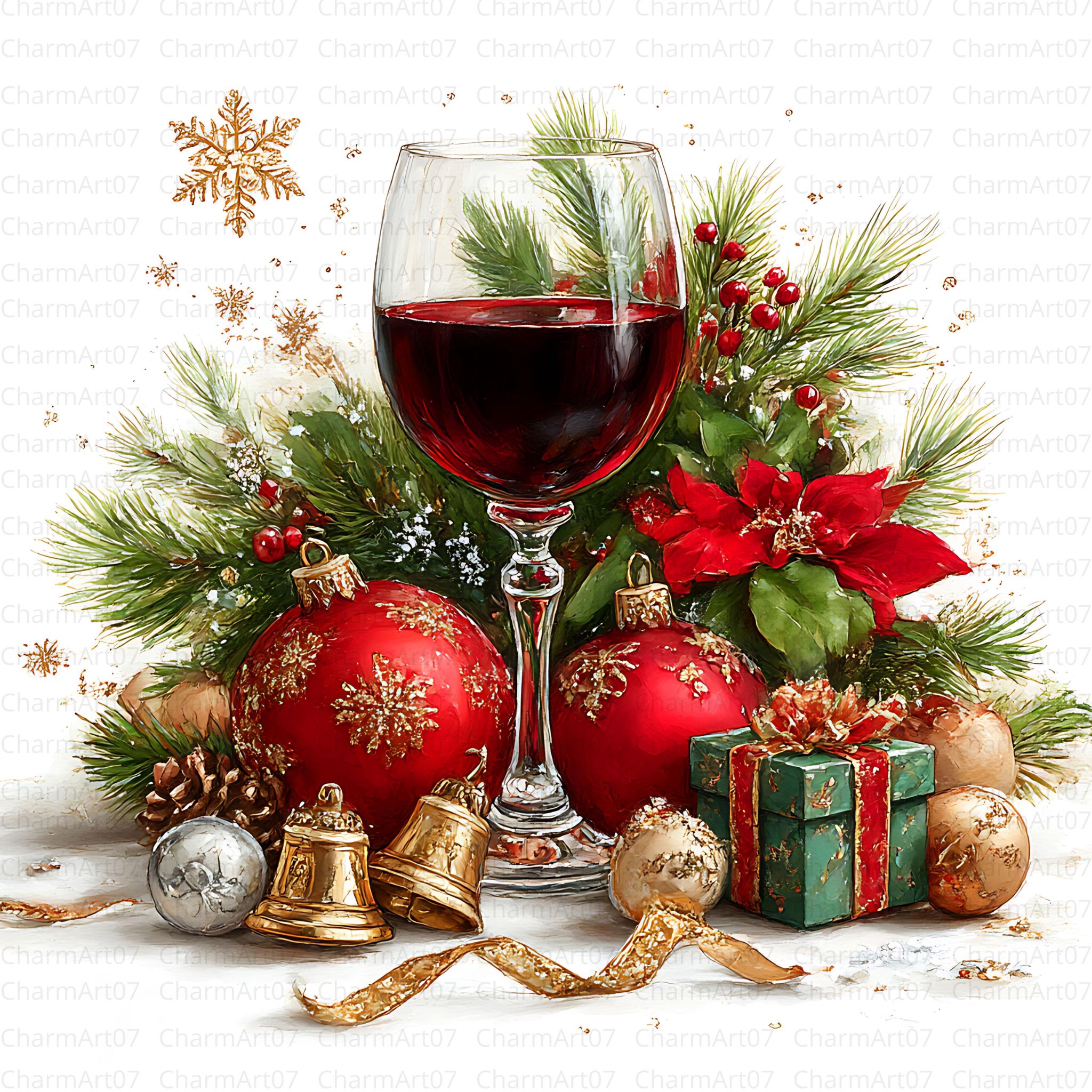 Christmas Wine Clipart, Festive Watercolor Art (JPG) - Etsy