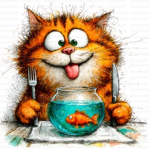 Whimsical Cat and Fish Clipart: Watercolor Kitten Art (digital Download ...