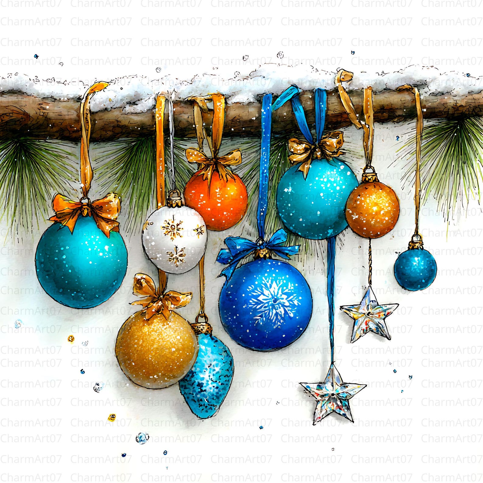 Christmas Decor Clipart: Watercolor Holiday Ornaments (JPG Digital ...