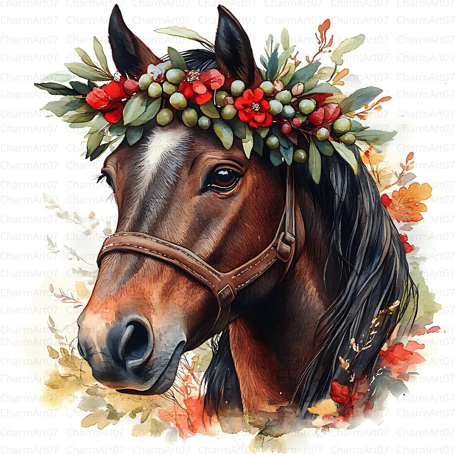 26 Floral Horse Face Clipart, Printable Watercolor Clipart, High ...
