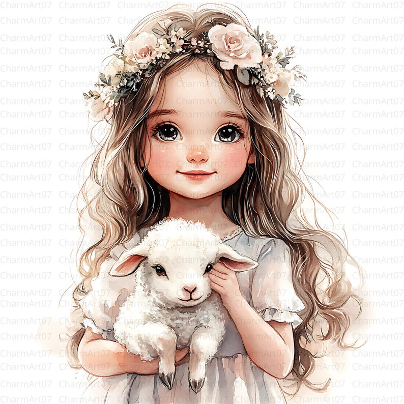 27 Cute Girl With Sheep, Lamb Watercolor High Quality Jpg,printable ...