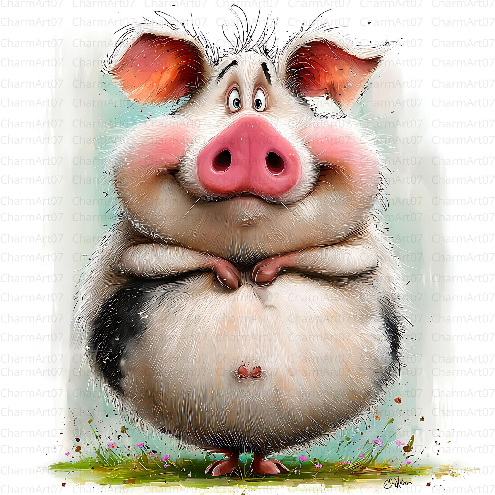 16 Funny Whimsical Piggy Clip Art, Quirky Pig With Flower Clipart, JPG ...