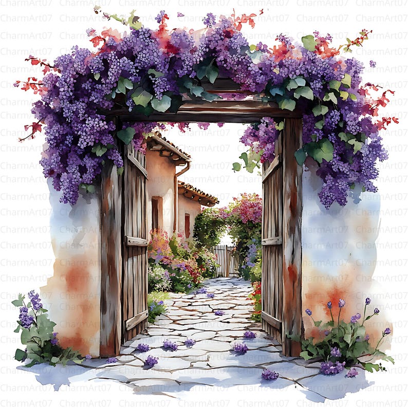20 Floral Garden Gates Clipart, Floral Birds, Printable Watercolor ...