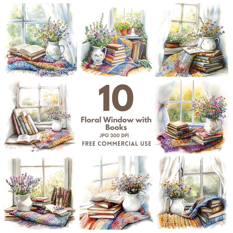 10 Floral Window With Books Clipart Bundle, High Quality Watercolor ...