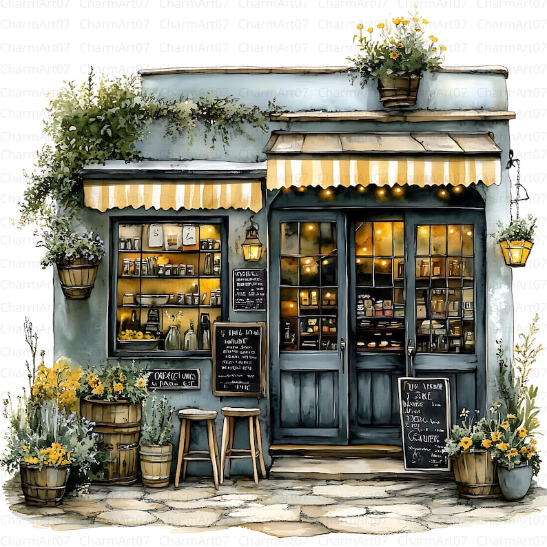 Watercolor Cafe Clip Art: Paris Street Scene (digital Download, JPG ...