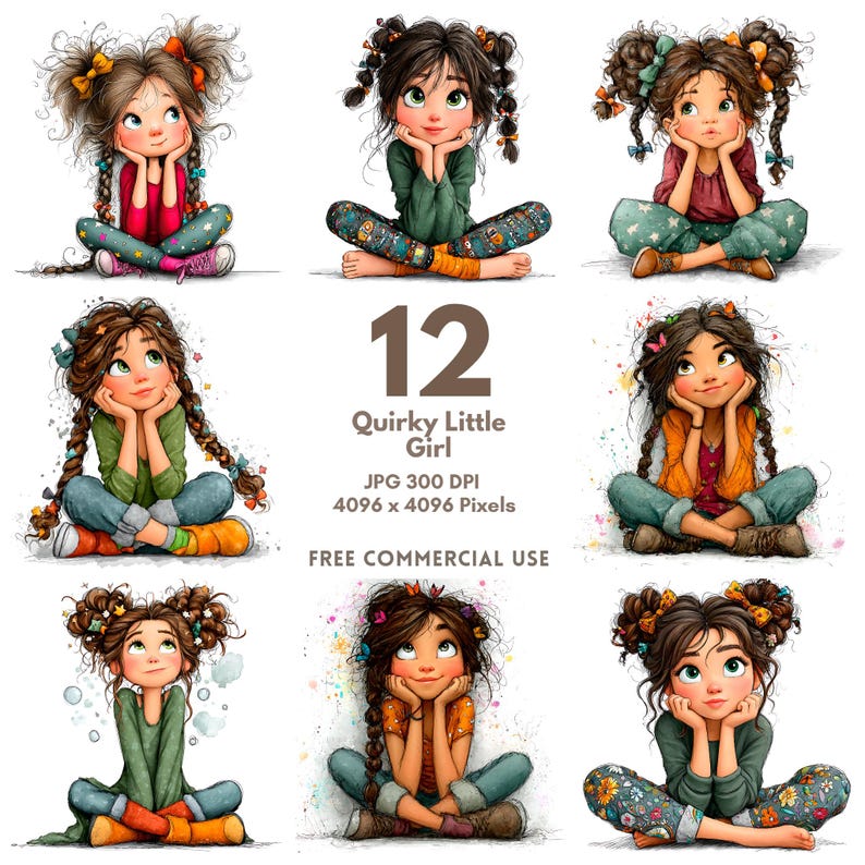 Whimsical Girl Clipart: Watercolor Style Illustrations (JPG Download ...
