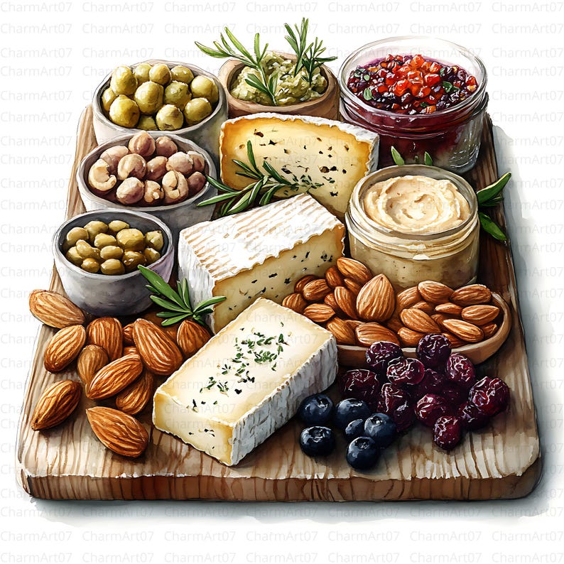 Cheese Plate Watercolor Clipart: Gourmet Charcuterie Art (JPG) - Etsy