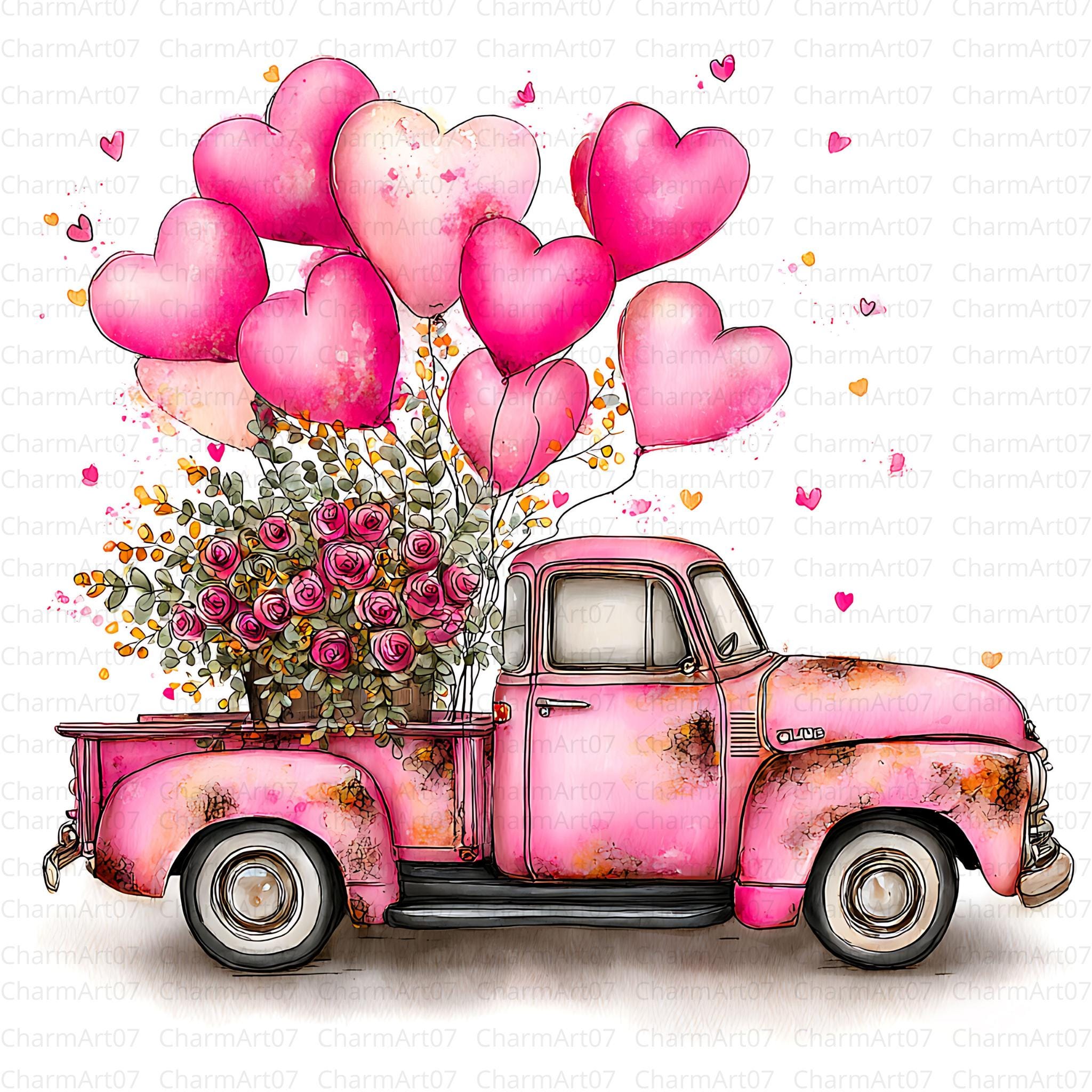 14 Valentine's Day Truck Clipart, Pink Vintage Truck, Valentine ...