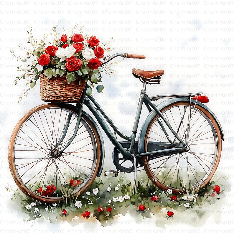 18 Vintage Floral Bicycle Clipart, Floral Bicycle, Printable Watercolor ...