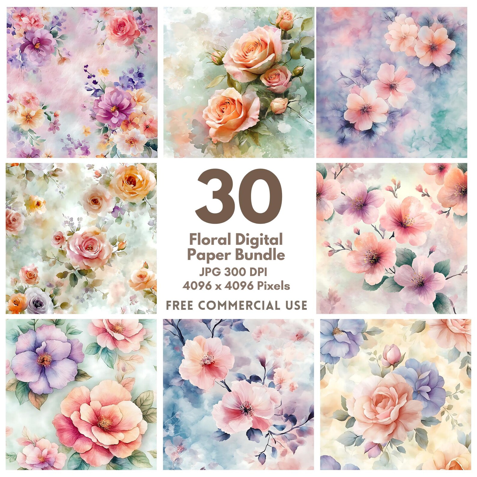 Floral Watercolor Paper: Spring Flower Backgrounds (digital Download ...