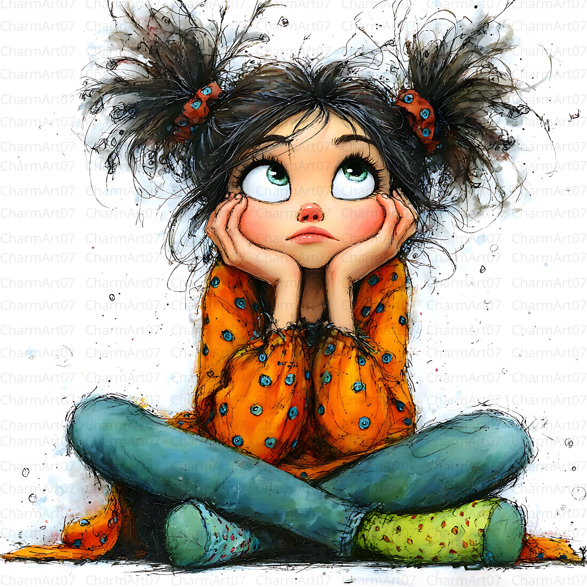 Whimsical Girl Clipart: Watercolor Illustration, Journal Embellishment ...