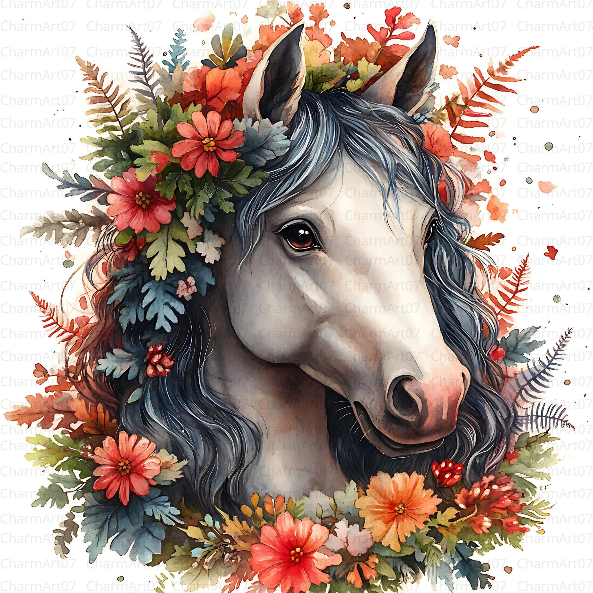 26 Floral Horse Face Clipart, Printable Watercolor Clipart, High ...