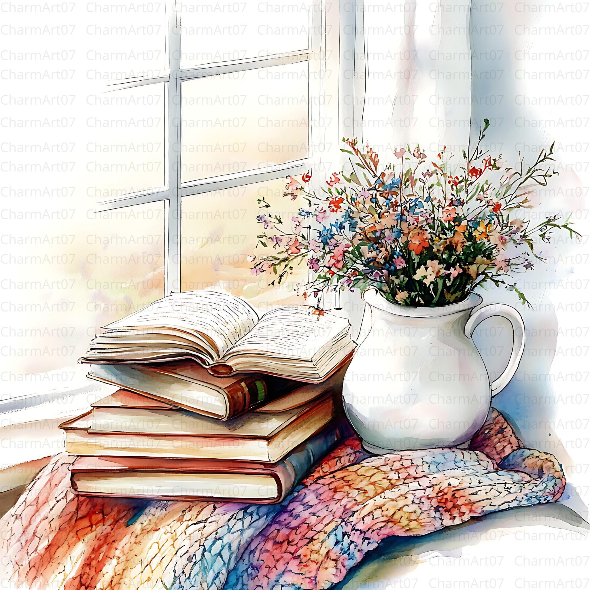 10 Floral Window With Books Clipart Bundle, High Quality Watercolor ...