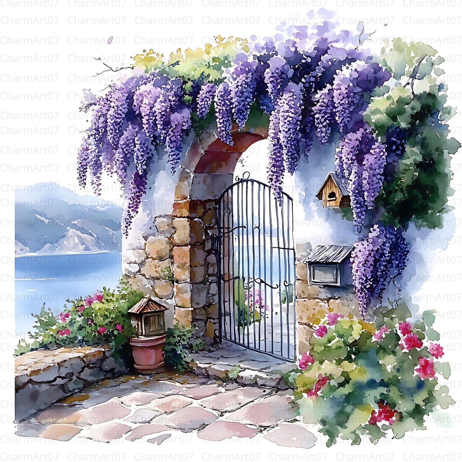20 Floral Garden Gates Clipart, Floral Birds, Printable Watercolor ...