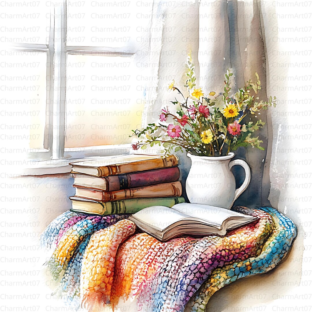 10 Floral Window With Books Clipart Bundle, High Quality Watercolor ...