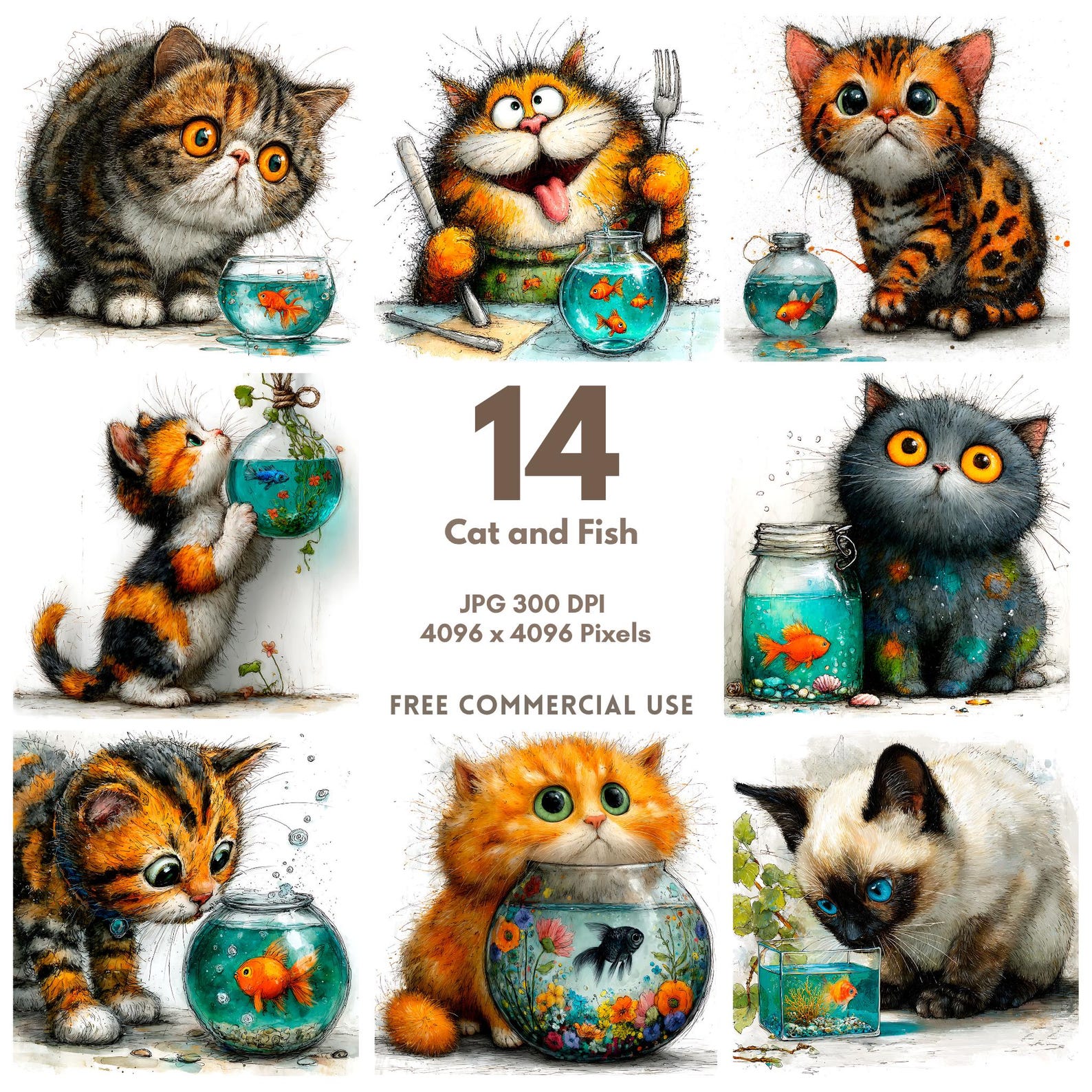 Whimsical Cat and Fish Clipart: Watercolor Kitten Art (digital Download ...