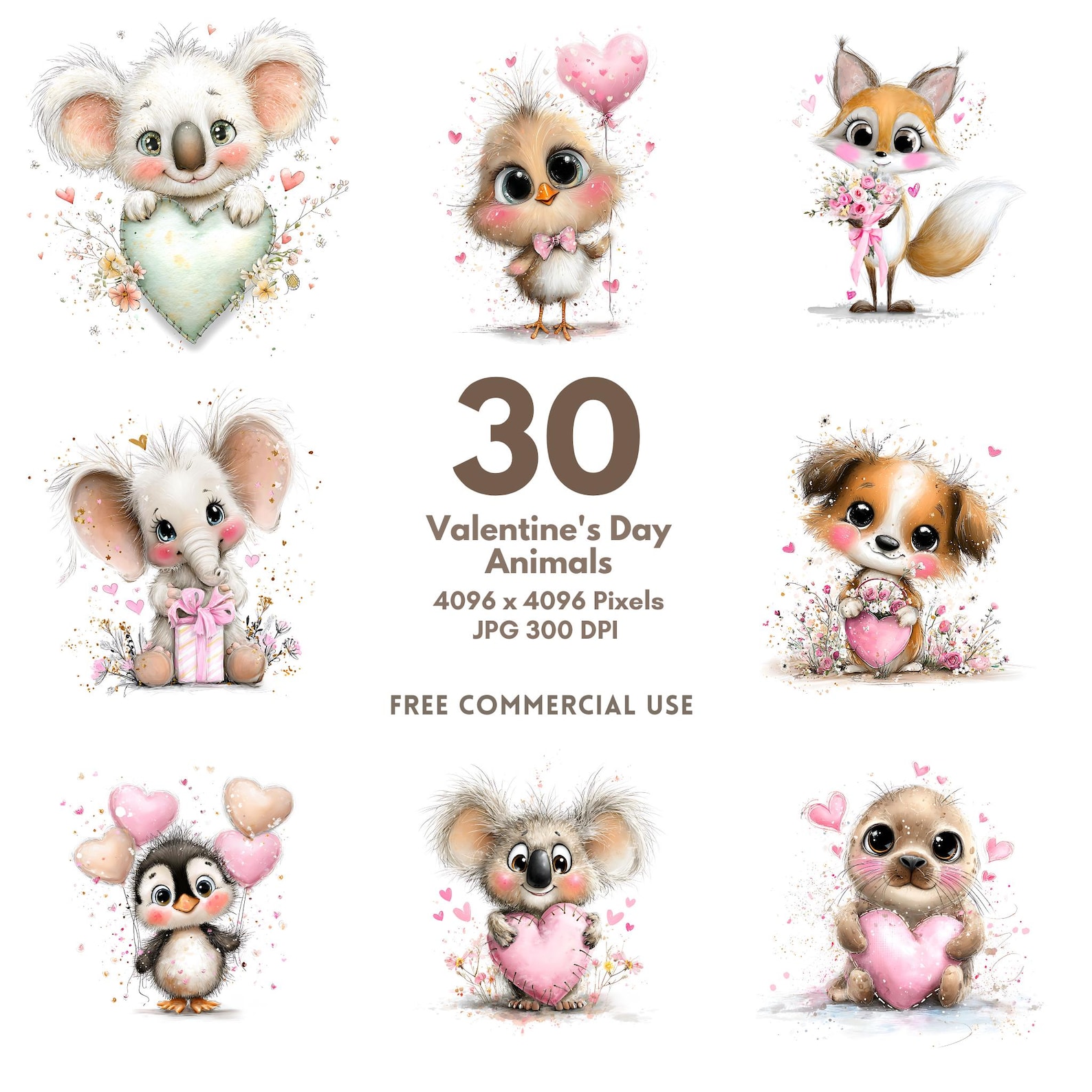 30 JPG Whimsical Valentine Sweet Animals Set: Romantic Watercolor ...
