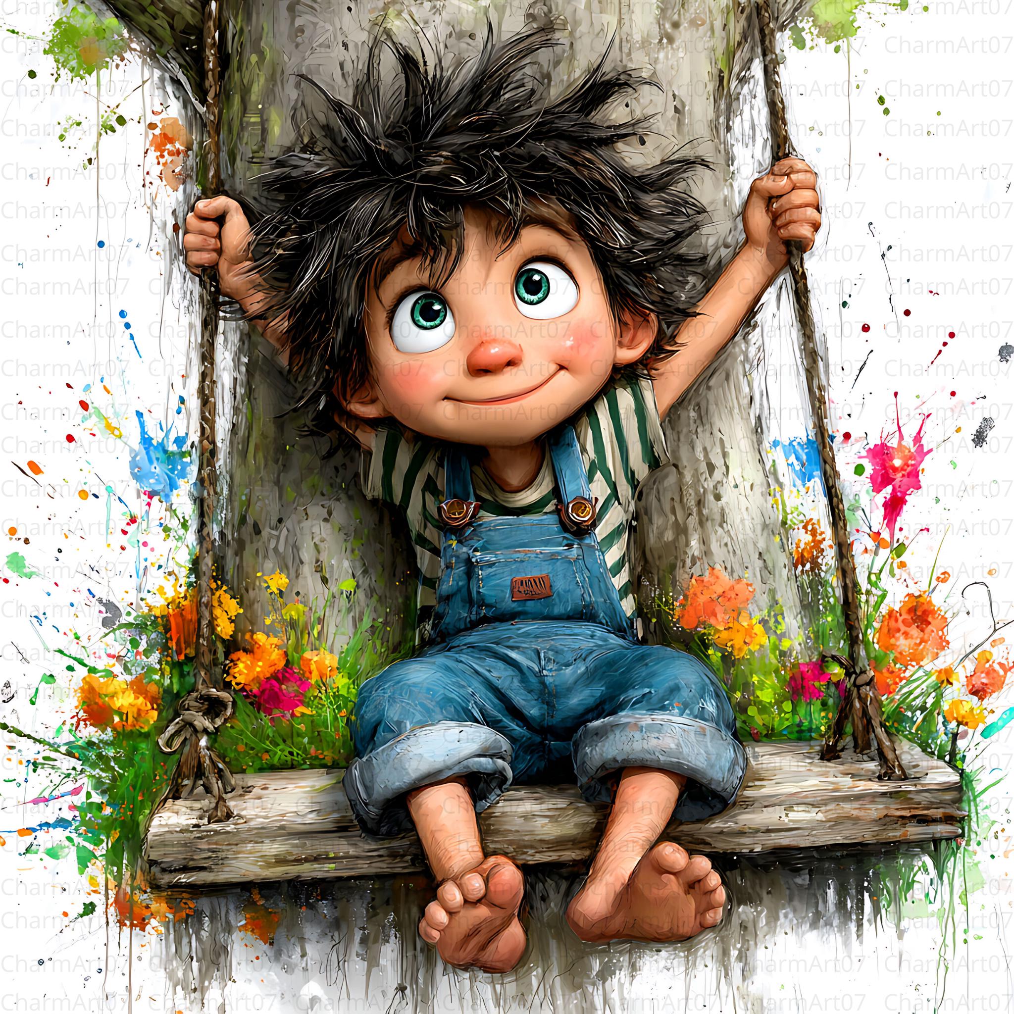 Boy on Swing Clipart Bundle: Watercolor Style, Commercial Use (JPG) - Etsy