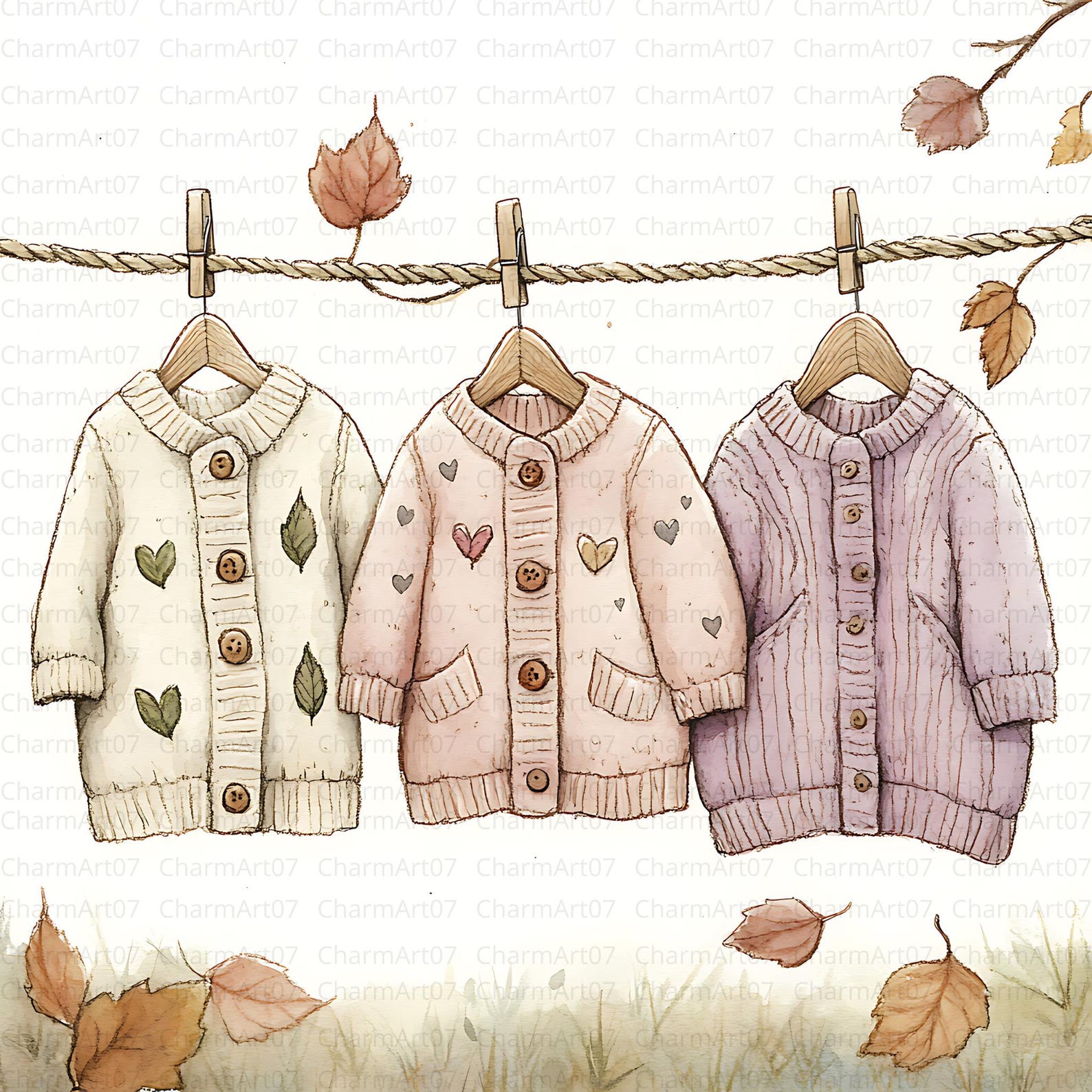 30 Baby Clothes Line Clipart Watercolor, Newborn Clothesline Clipart ...