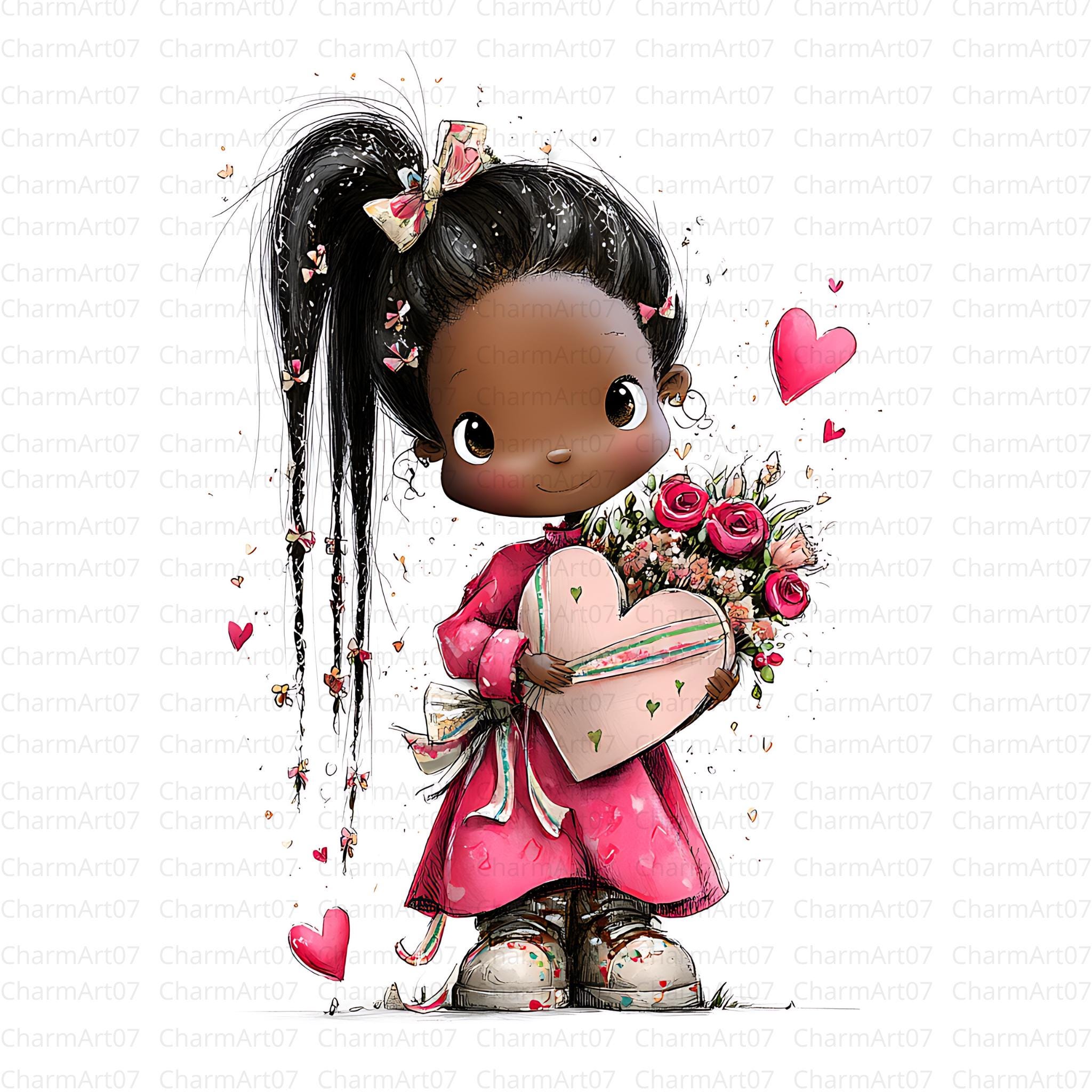 24 Valentine Holiday Black Girl Clipart Set: Romantic Character Bundle ...