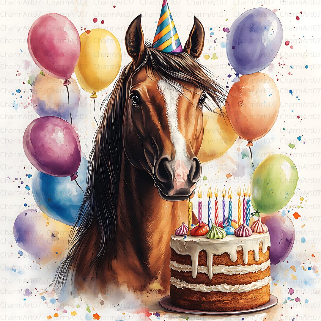 Funny Horse Birthday Clipart: Watercolor Farm Animal Jpgs (digital ...