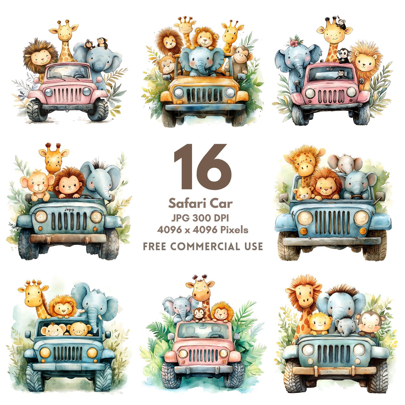 16 Watercolour Safari Car, Cute Safari Animals Clipart, , Watercolor ...