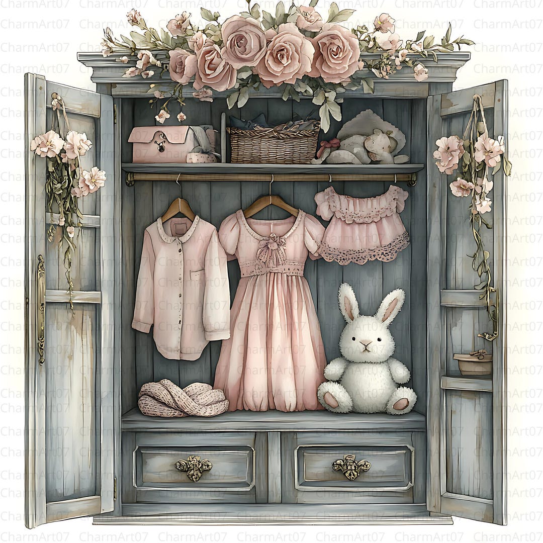 20 Shabby Chic Armoire Clipart, Vintage Floral Wardrobe, Wardrobe ...