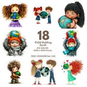 Child Holding Earth Clipart: Watercolor School Kids (digital Download ...