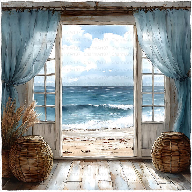 Seaside View Watercolor Print, Window to Ocean, Coastal Art (jpgs) - Etsy