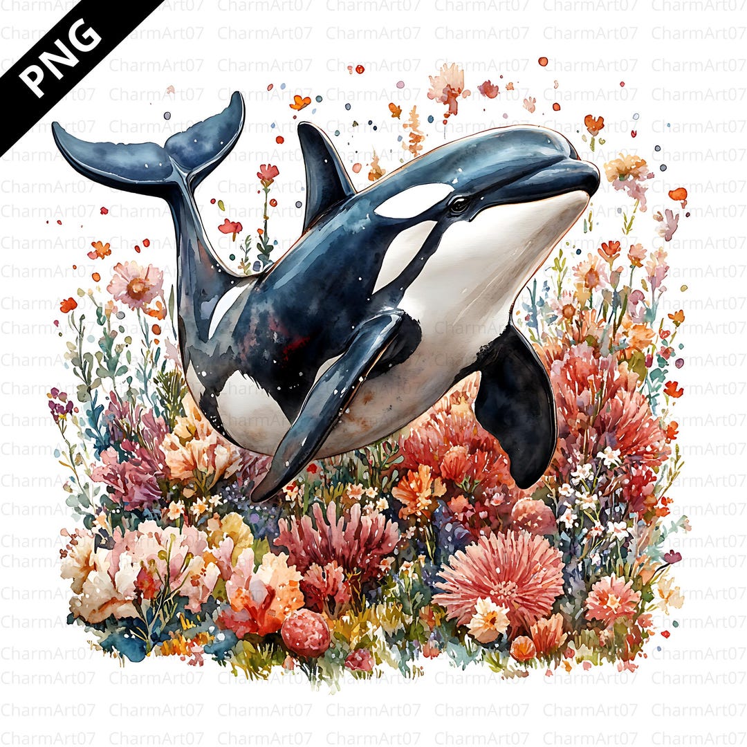 20 Watercolor Killer Whale Clipart Ocean Clipart, PNG 300 DPI, Digital ...