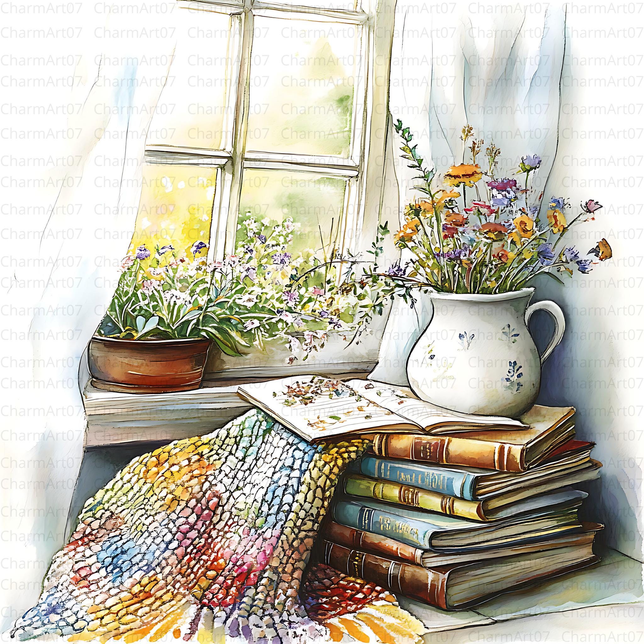 10 Floral Window With Books Clipart Bundle, High Quality Watercolor ...